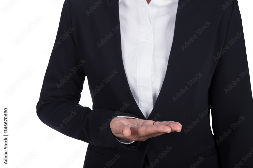business woman open hand holding something isolated on white background ...