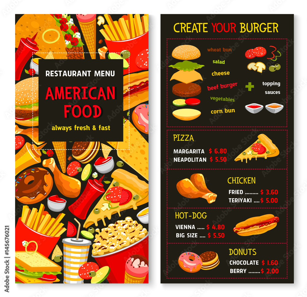 Fast food restaurant vector menu template. Price for fastfood burgers ...