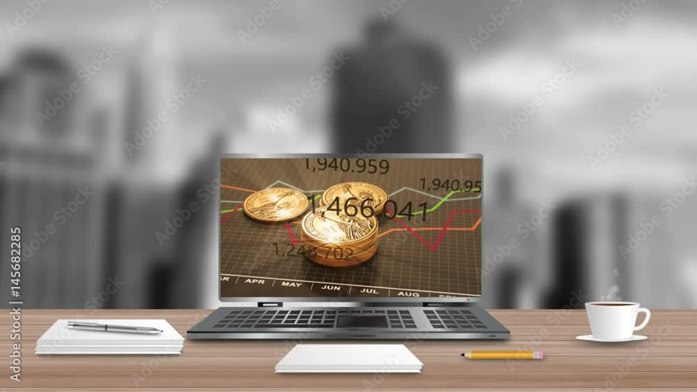 Office desk with laptop. Budget business chart, investment, statistics ...