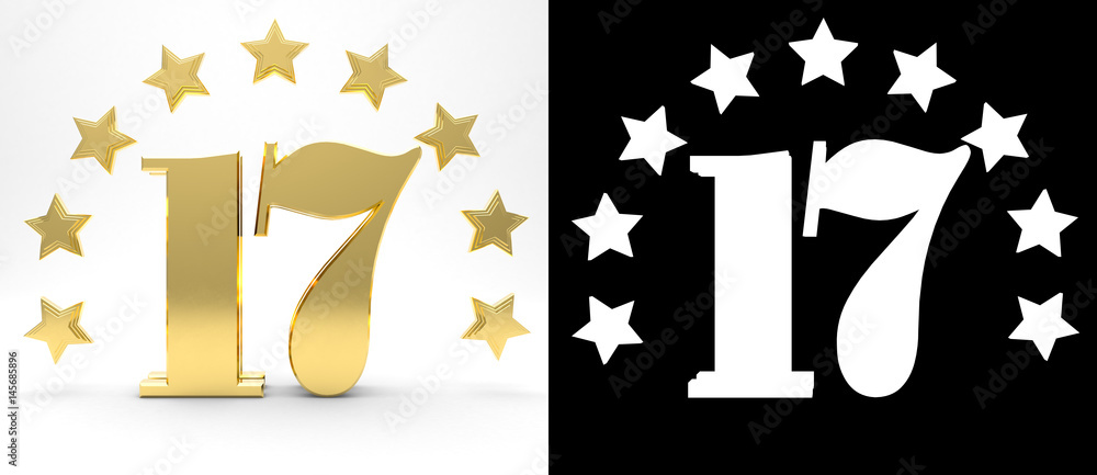 Golden number seventeen on white background with drop shadow and alpha ...