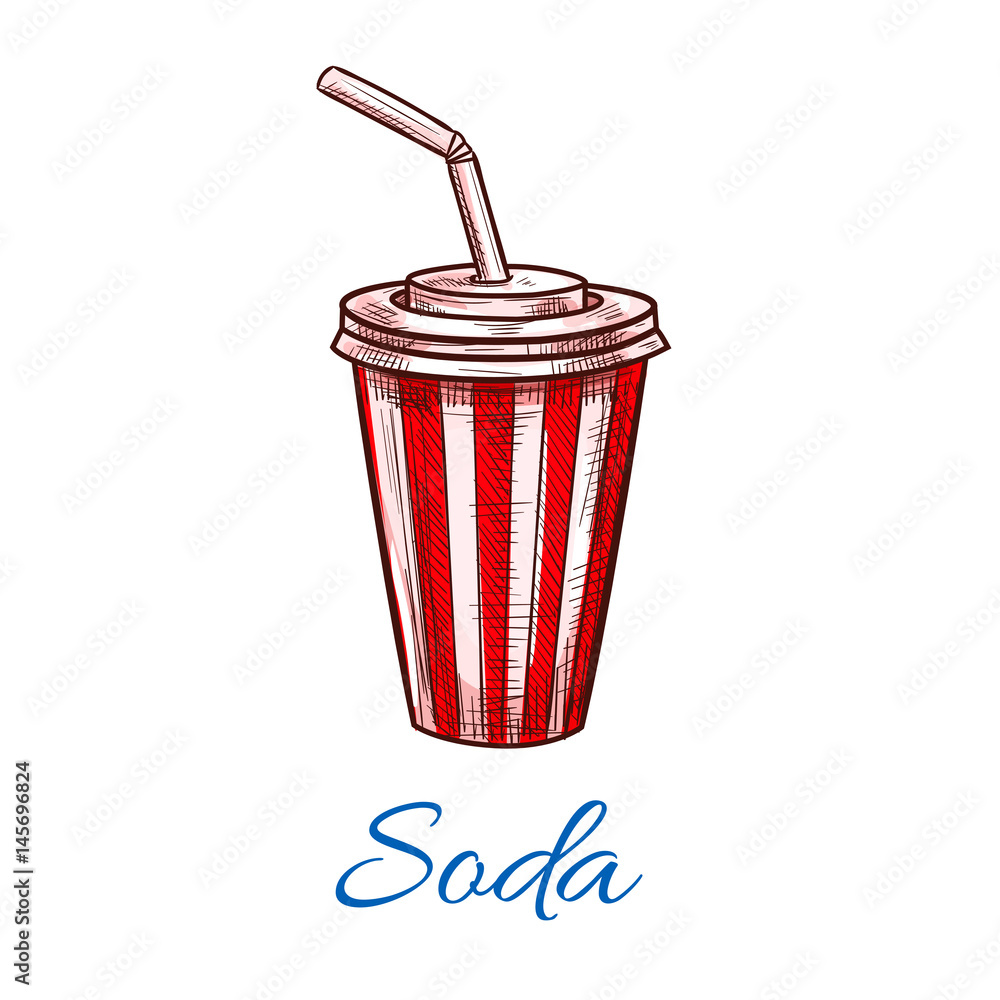 Soda drink sketch in fast food paper cup with plastic lid and drinking ...