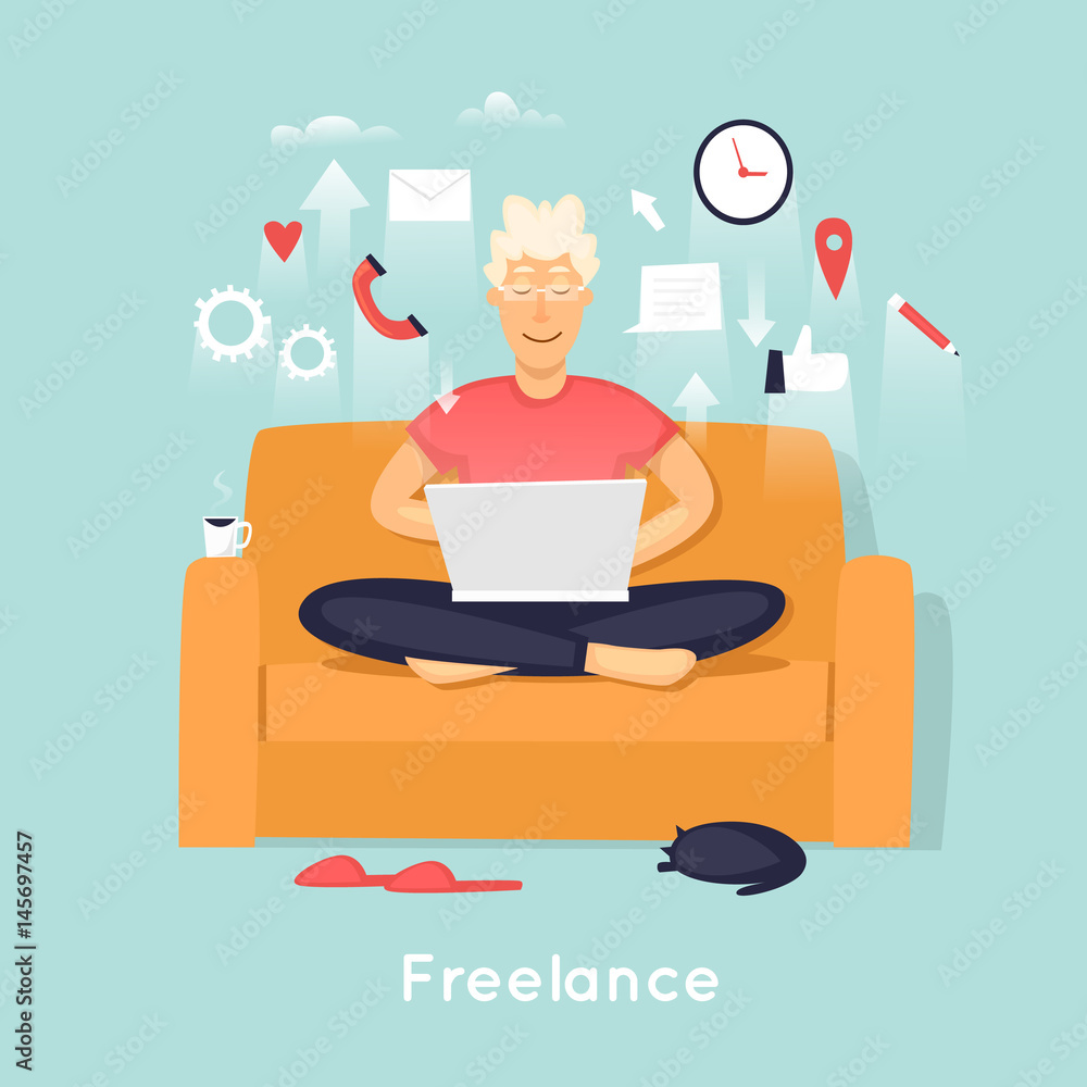 Freelancer is sitting on the couch. Flat vector illustration in cartoon ...