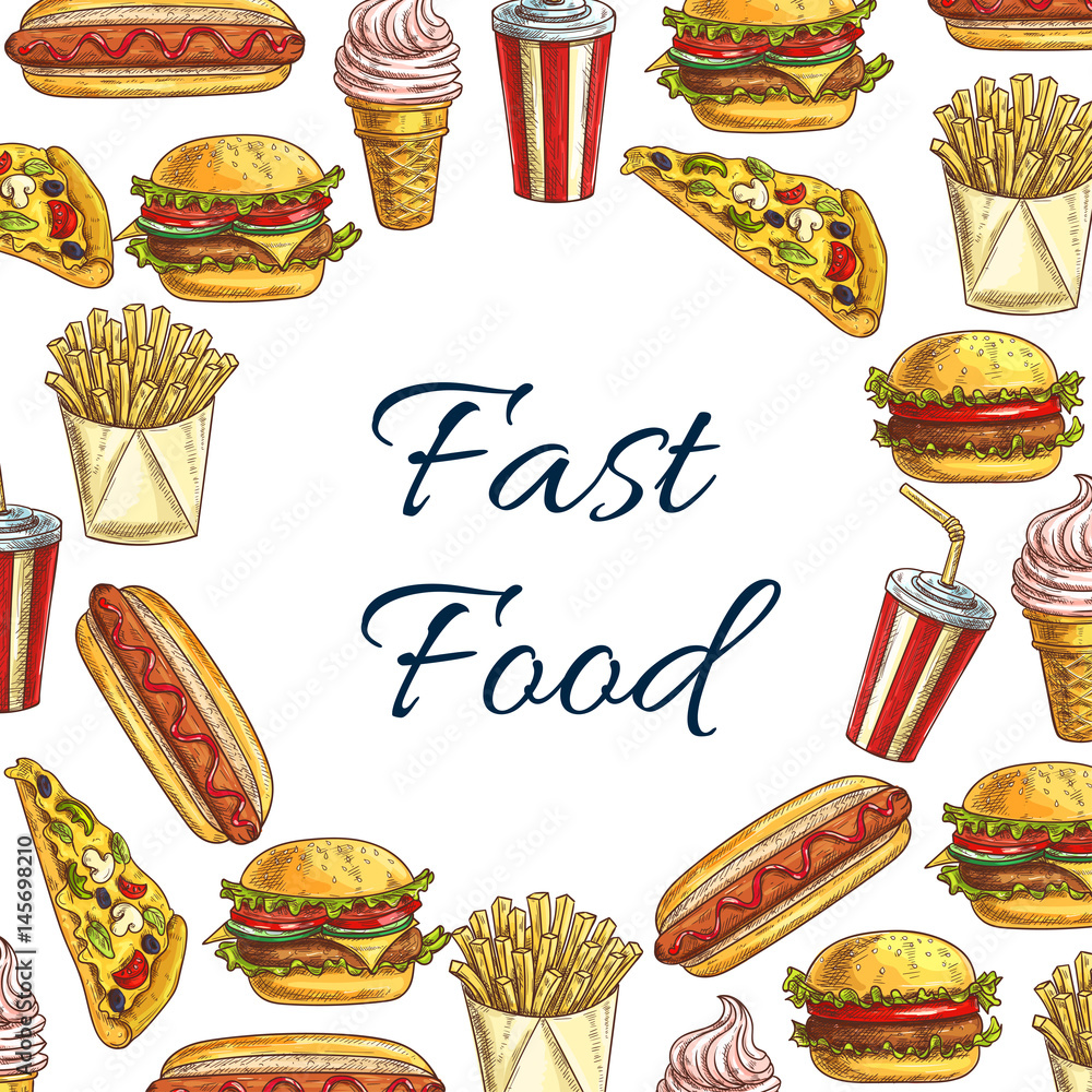 Fast food vector poster of burgers and hamburgers, hot dog or pizza and ...
