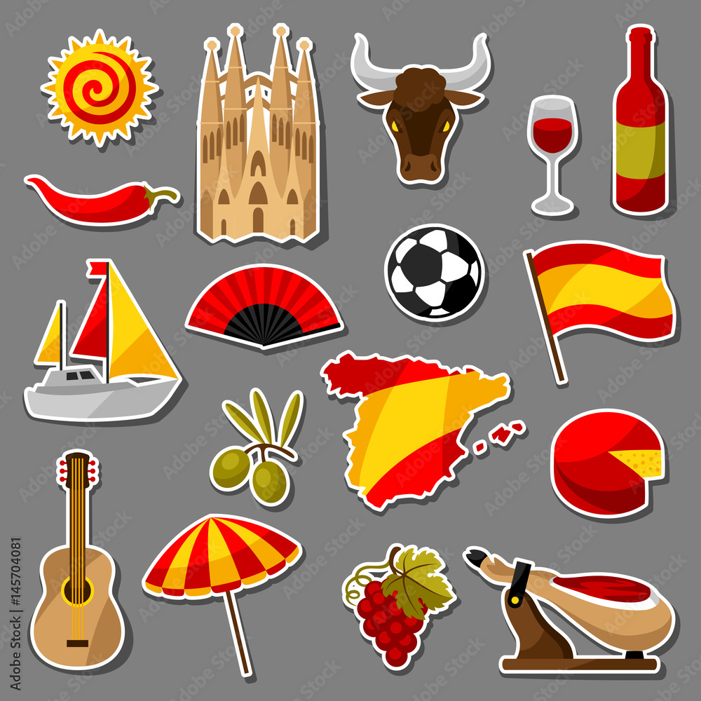 Spain sticker icons set. Spanish traditional symbols and objects Stock ...