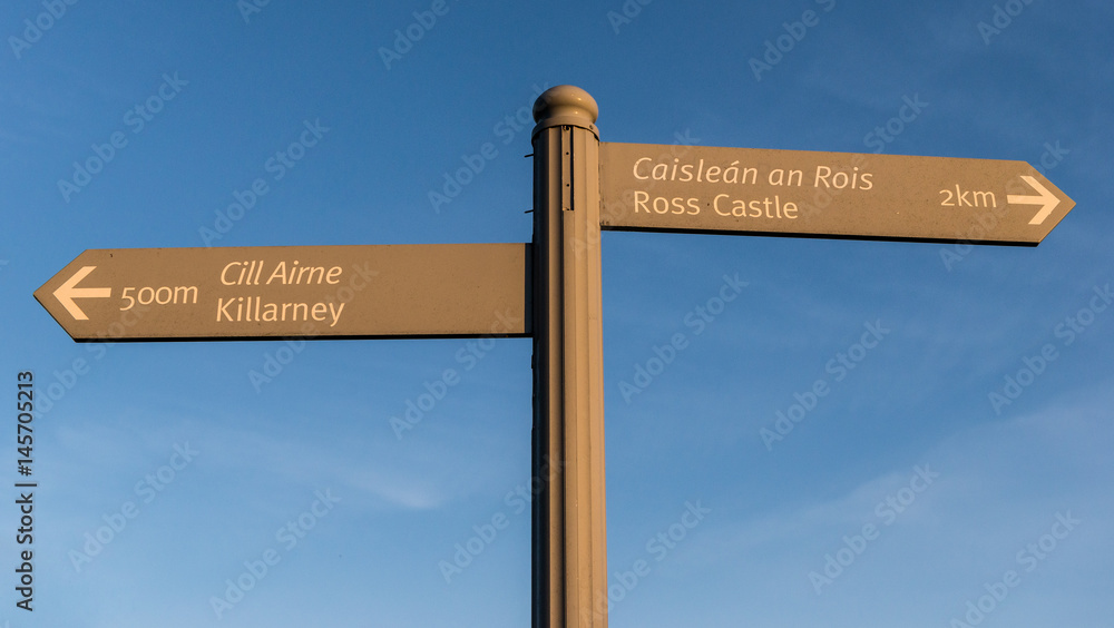 Direction signs for the town of Killarney and Ross castle in Killarney ...