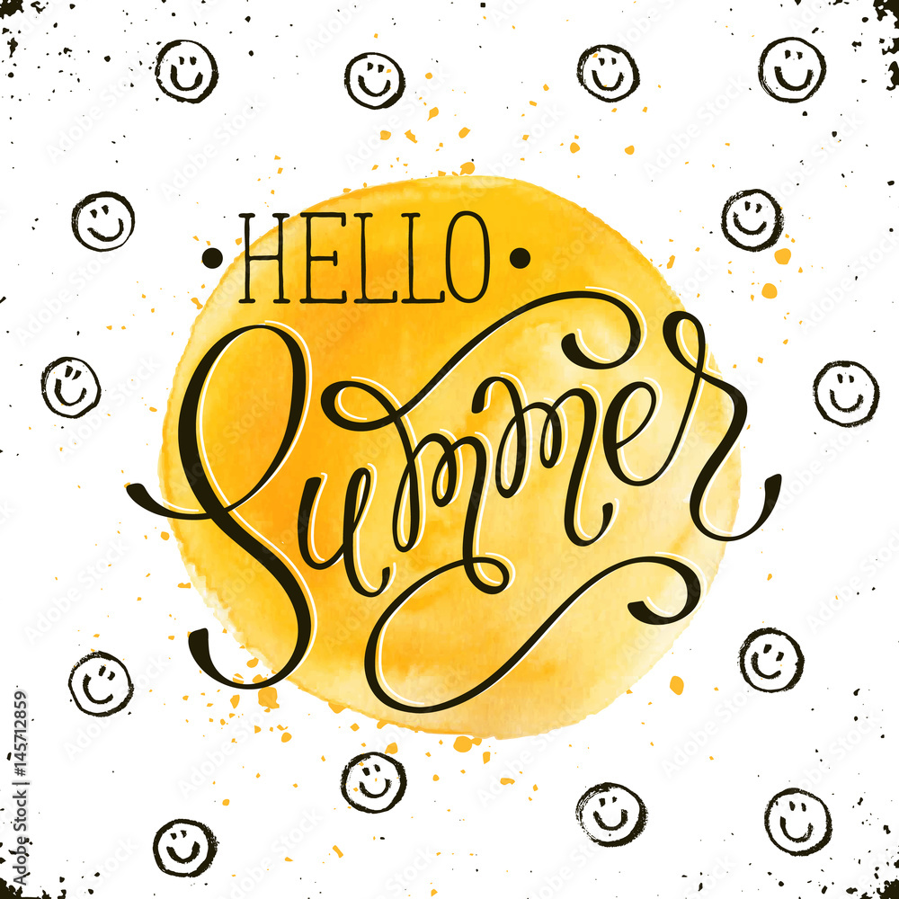 Hello Summer text on yellow watercolor spot. Bright and modern ...