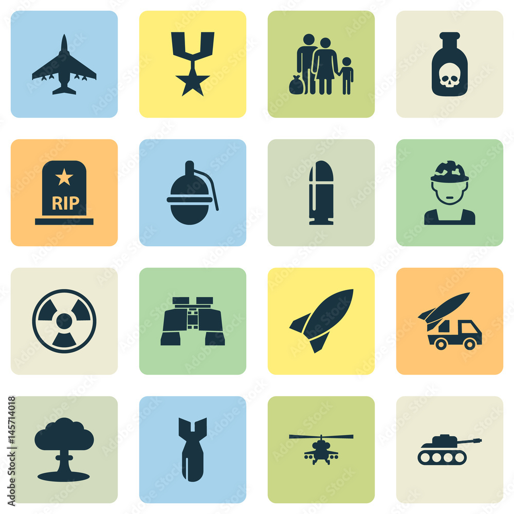 Army Icons Set. Collection Of Panzer, Rocket, Chopper And Other ...
