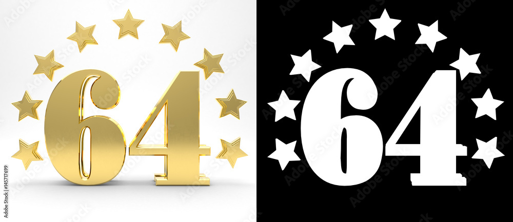 Golden number sixty four on white background with drop shadow and alpha ...