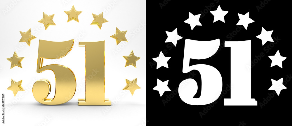 Golden number fifty one on white background with drop shadow and alpha ...