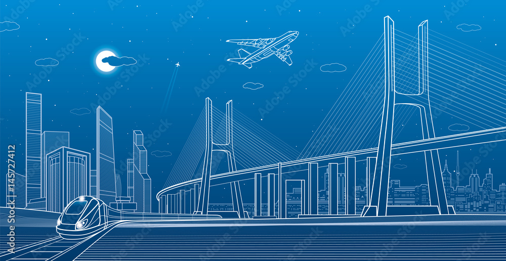 Large cable-stayed bridge, train move, night modern city on background ...