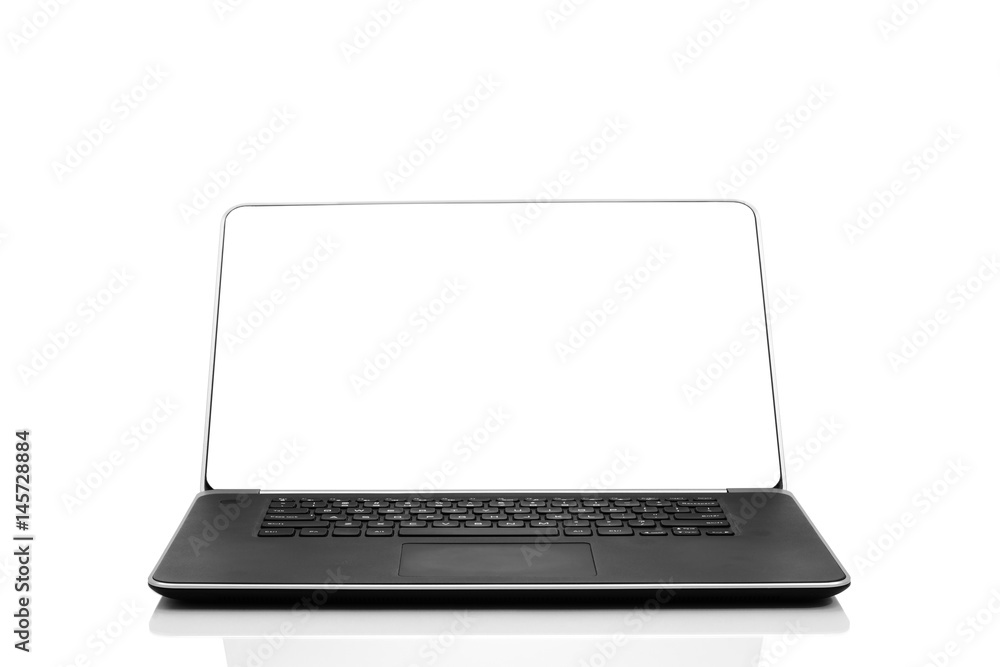 Sleek modern laptop with blank white screen, front view tilted back and ...