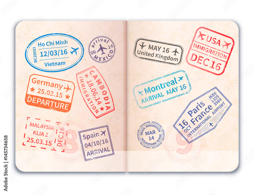 Realistic Open Foreign Passport With Many Immigration Stamps Stock