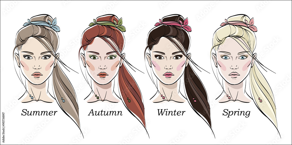 Seasonal color types for women skin beauty set: Summer, Autumn, Winter ...