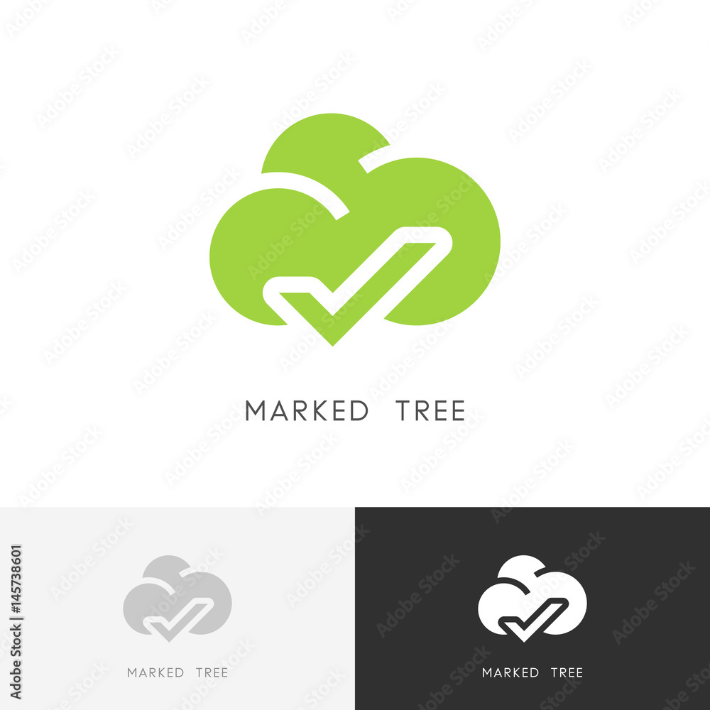 Marked tree logo - green bush with check mark or tick symbol. Ecology ...