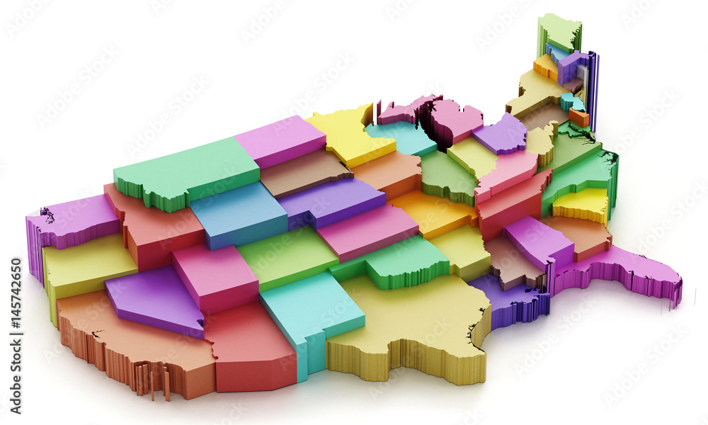 Multi colored USA map showing state borders. 3D illustration Stock ...