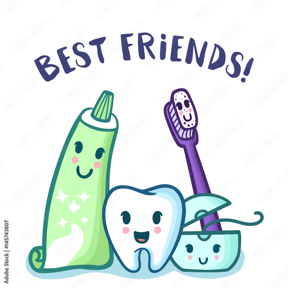 Vector cartoon toothpaste, toothbrush, dental floss and tooth. Funny ... Vector cartoon toothpaste, toothbrush, dental floss and tooth. Funny ...