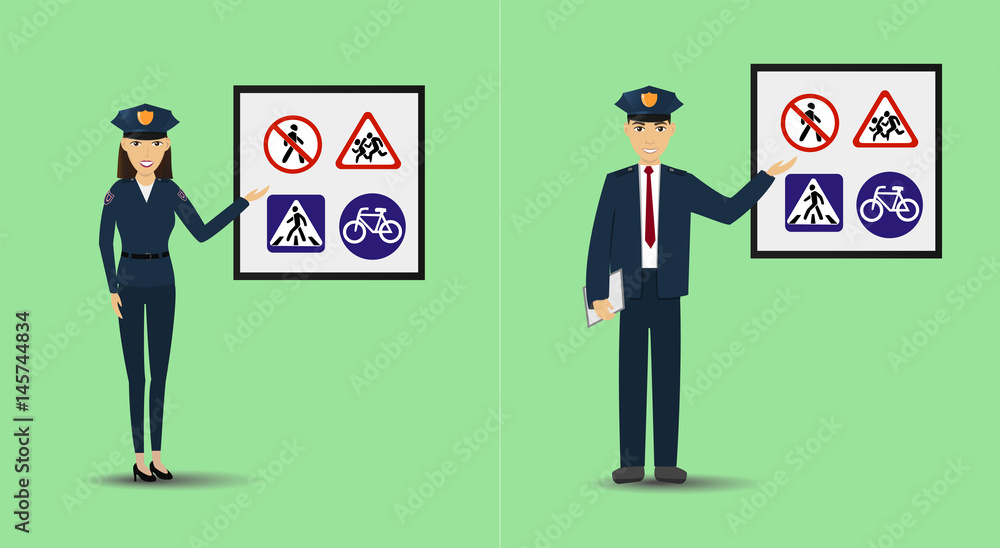 Illustration of a policeman and policewoman showing signage. Police ...