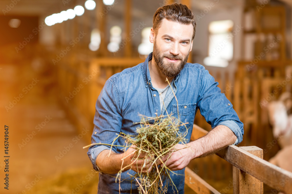 Portrait of a handsome farmer standing with hay in the goat barn ...