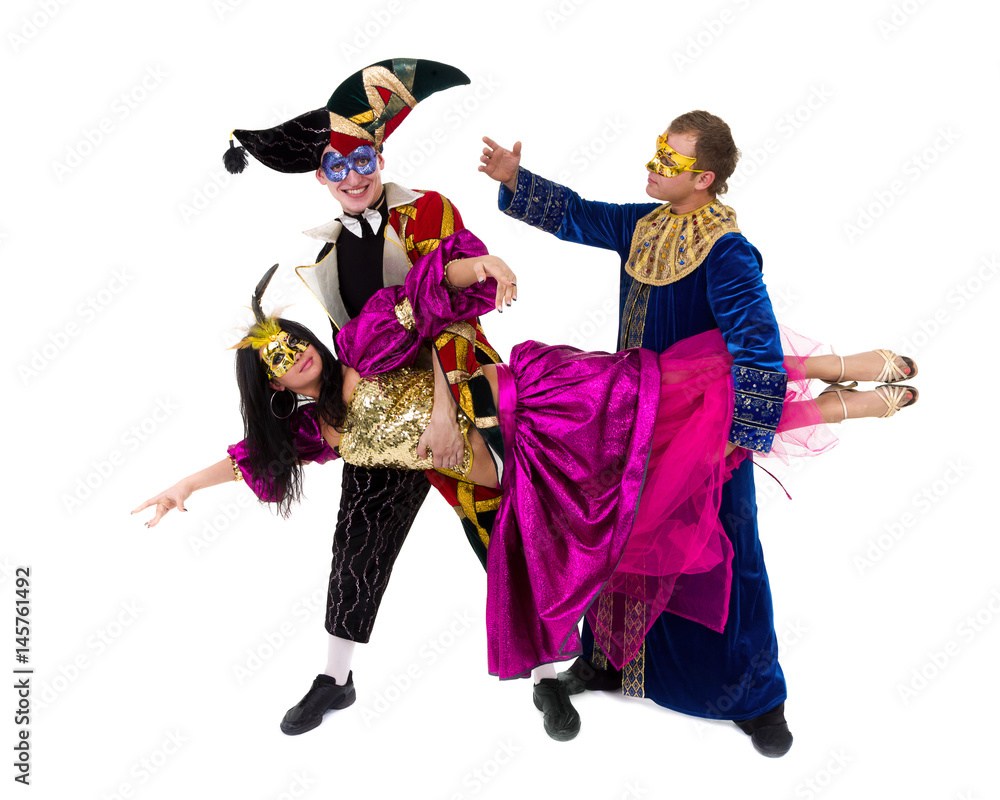 carnival dancers team a mask dancing, isolated on white in full length ...