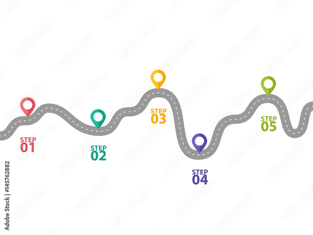 Infographic Template. Five steps asphalt road diagram with pin-pointers ...