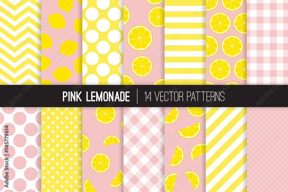 Pink Lemonade Vector Patterns. Yellow and Pink Lemon Halves and Slices ...