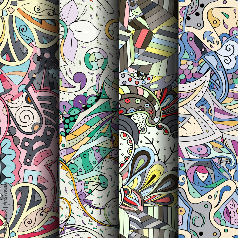 Set of tracery colorful seamless patterns. Curved doodling backgrounds ...