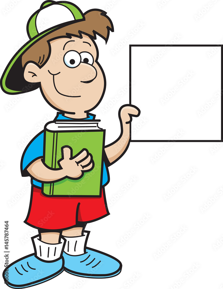 Cartoon illustration of a boy holding a book and a sign. Stock Vector ...