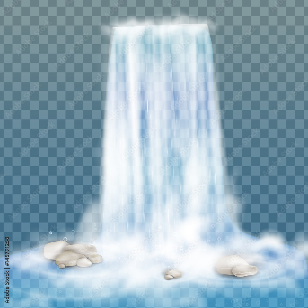 Realistic vector waterfall with clear water and bubbles. Natural ...