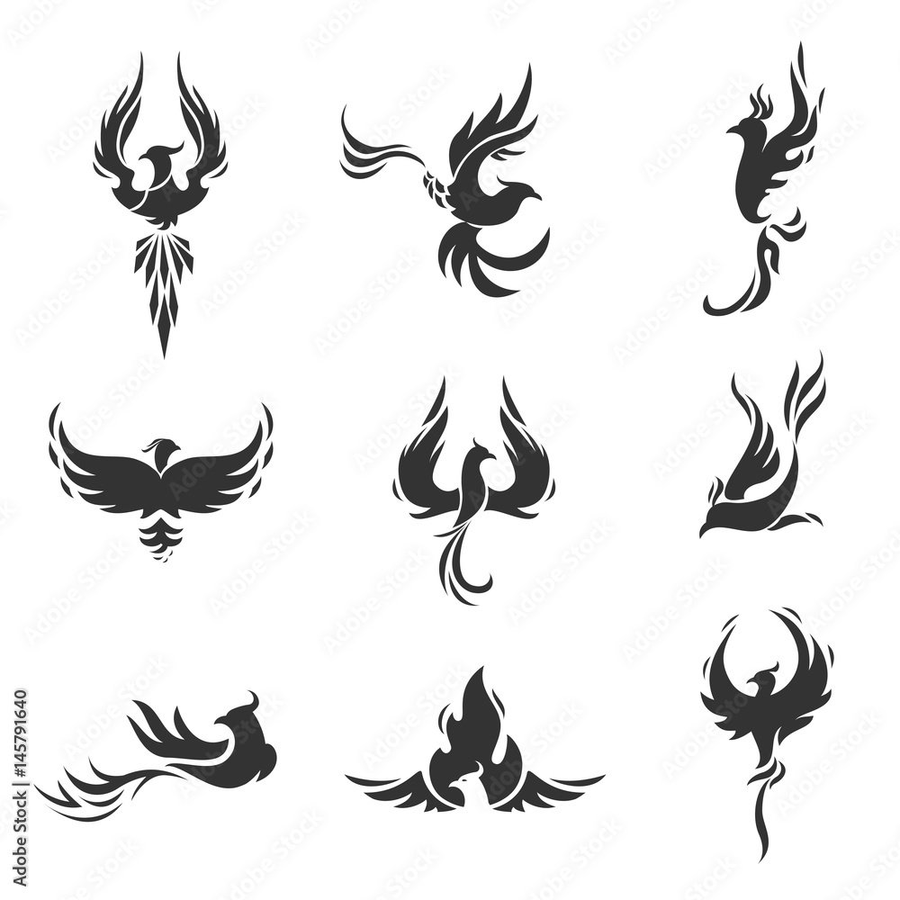 Phoenix bird stylized silhouettes icons on white background Stock ...