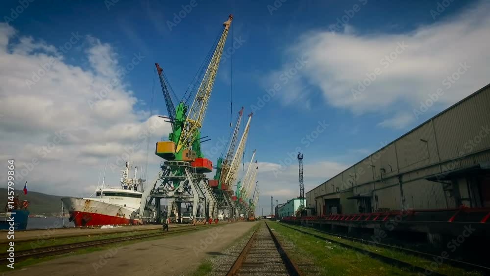 Sea Port. Boats Staying in Dock. Heavy Cranes Loading Ships. Station ...
