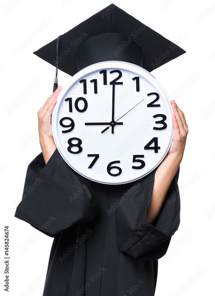 Portrait of a graduate girl or boy student in a black graduation gown ...