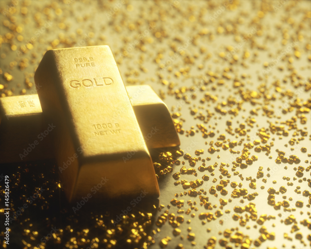 Gold bar 1000 grams, in the middle of gold nuggets. Gold exploration ...