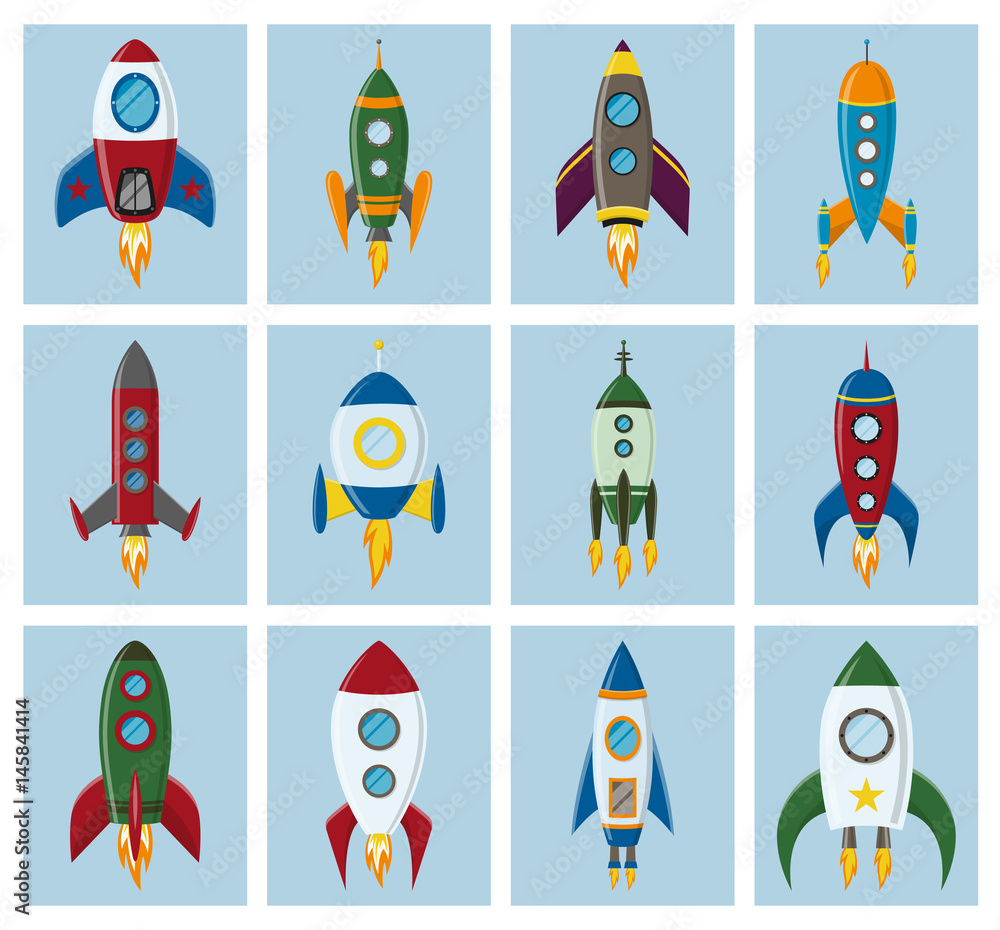 Vector retro space rocket ship icon set in a flat style. Design ...