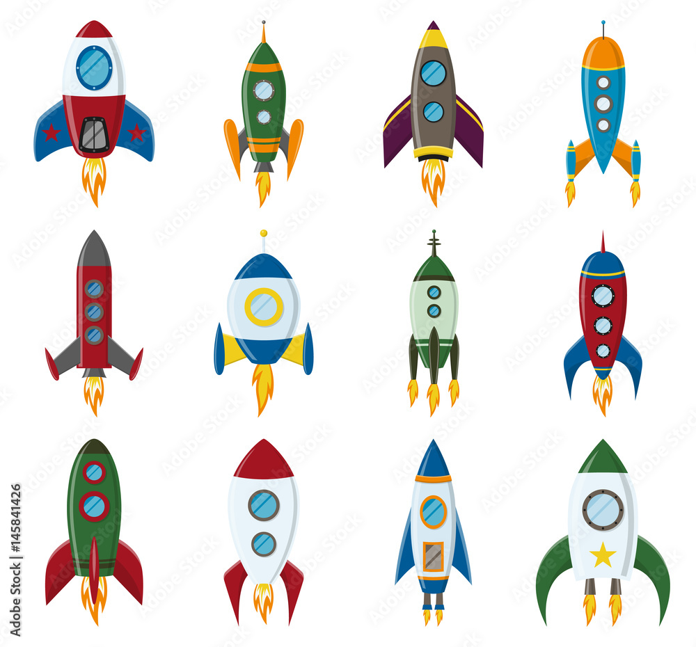 Vector retro space rocket ship icon set in a flat style. Design ...