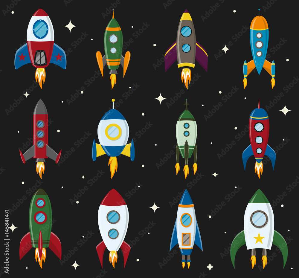 Vector retro space rocket ship icon set in a flat style. Design ...