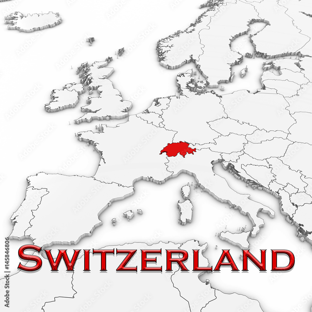 3D Map of Switzerland with Country Name Highlighted Red on White with ...