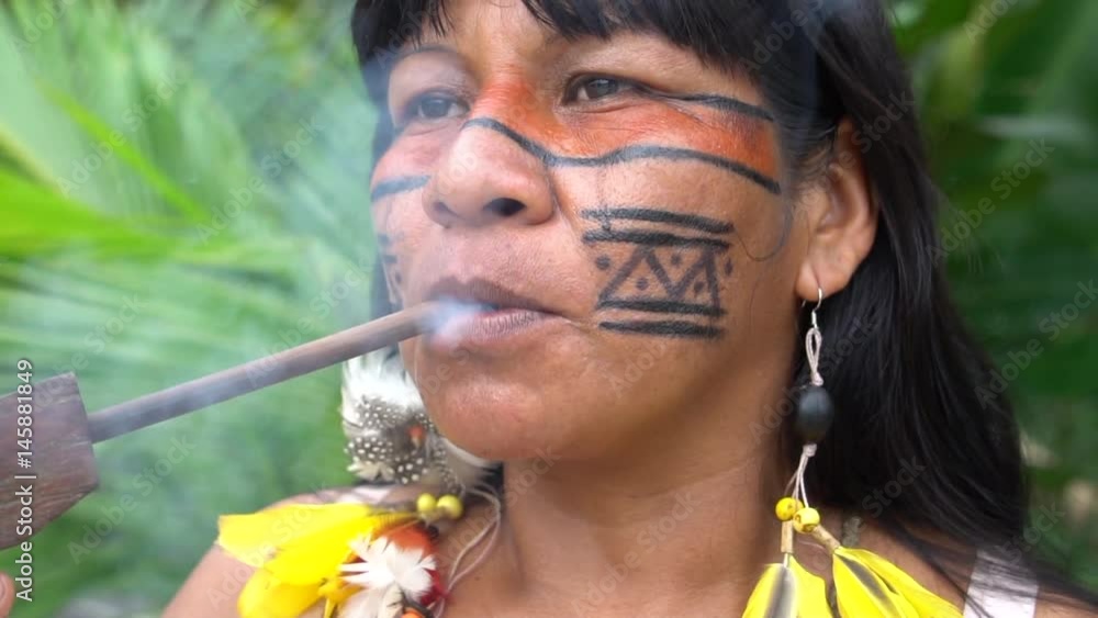 Indigenous Woman Smoking Pipes in a Tupi Guarani Tribe, Brazil 素材庫影片 ...