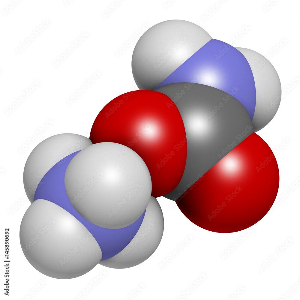 Ammonium carbamate, chemical structure. 3D rendering. Atoms are ...
