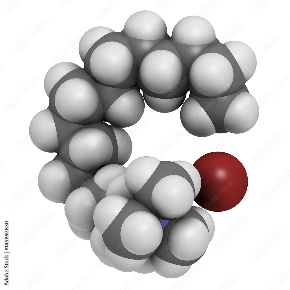 Cetrimonium bromide antiseptic surfactant molecule. 3D rendering. Atoms ...