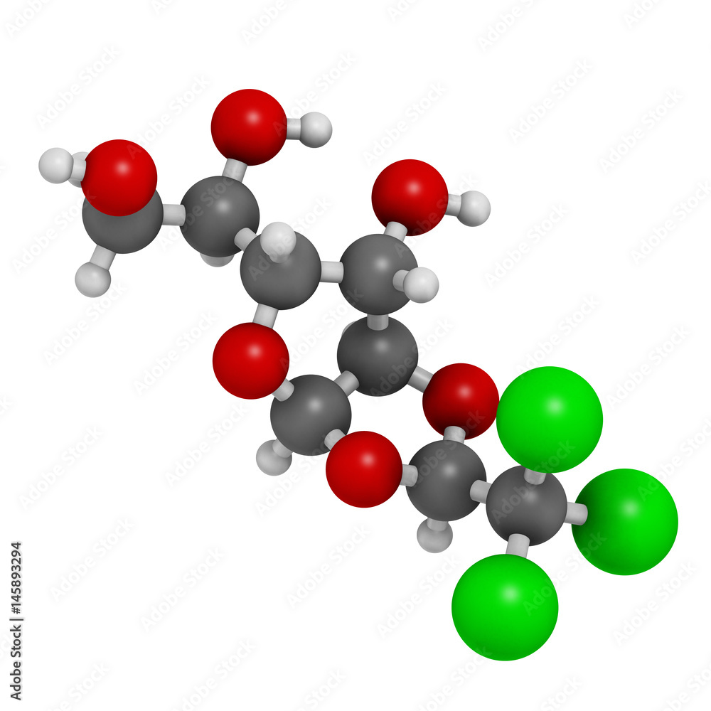Chloralose rodenticide molecule. 3D rendering. Atoms are represented as ...