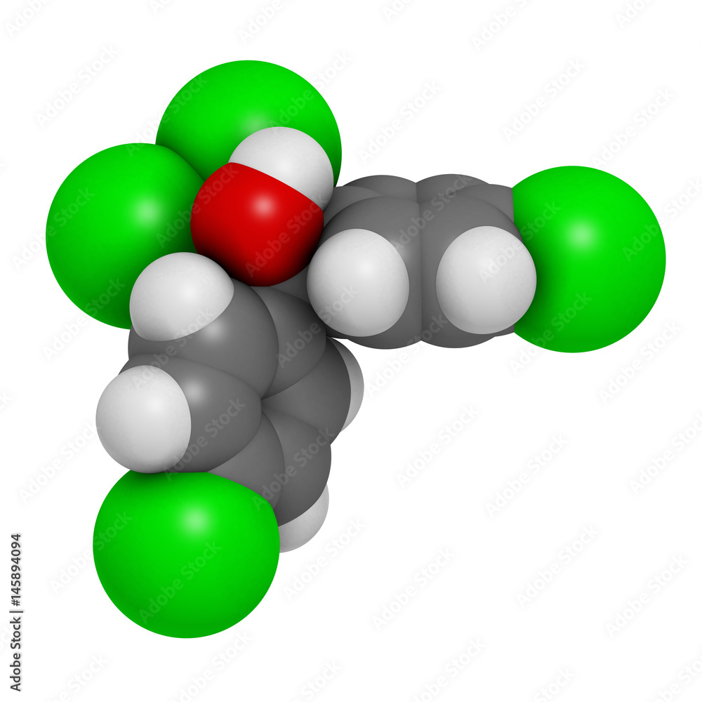 Dicofol organochlorine pesticide molecule. 3D rendering. Atoms are ...