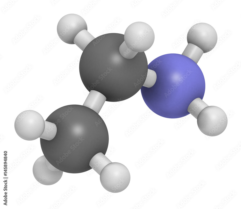 Ethylamine organic base molecule. 3D rendering. Atoms are represented ...