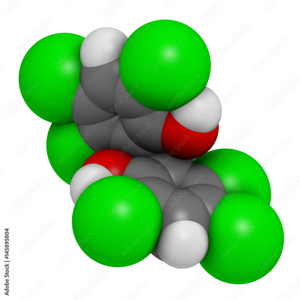 Hexachlorophene disinfectant molecule. 3D rendering. Atoms are ...