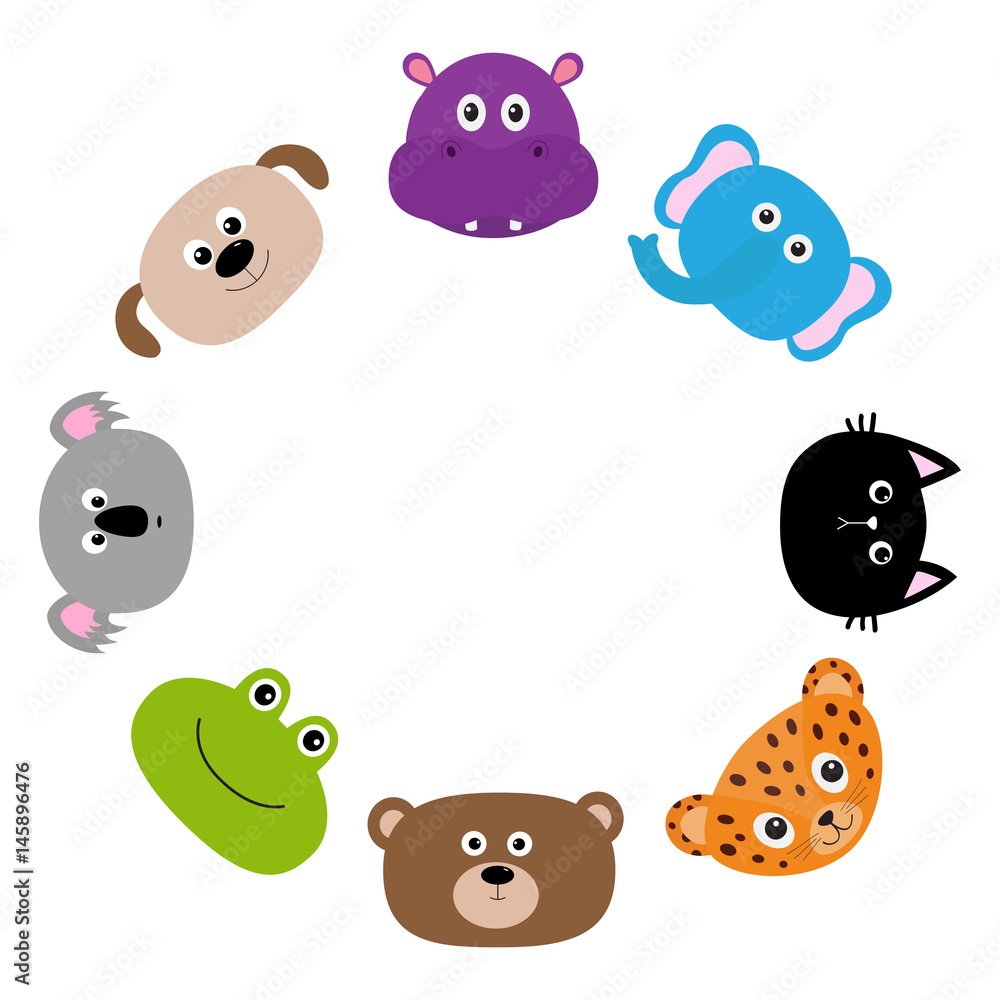 Cat, jaguar, dog, hippopotamus, elephant, bear, frog, koala. Round ...