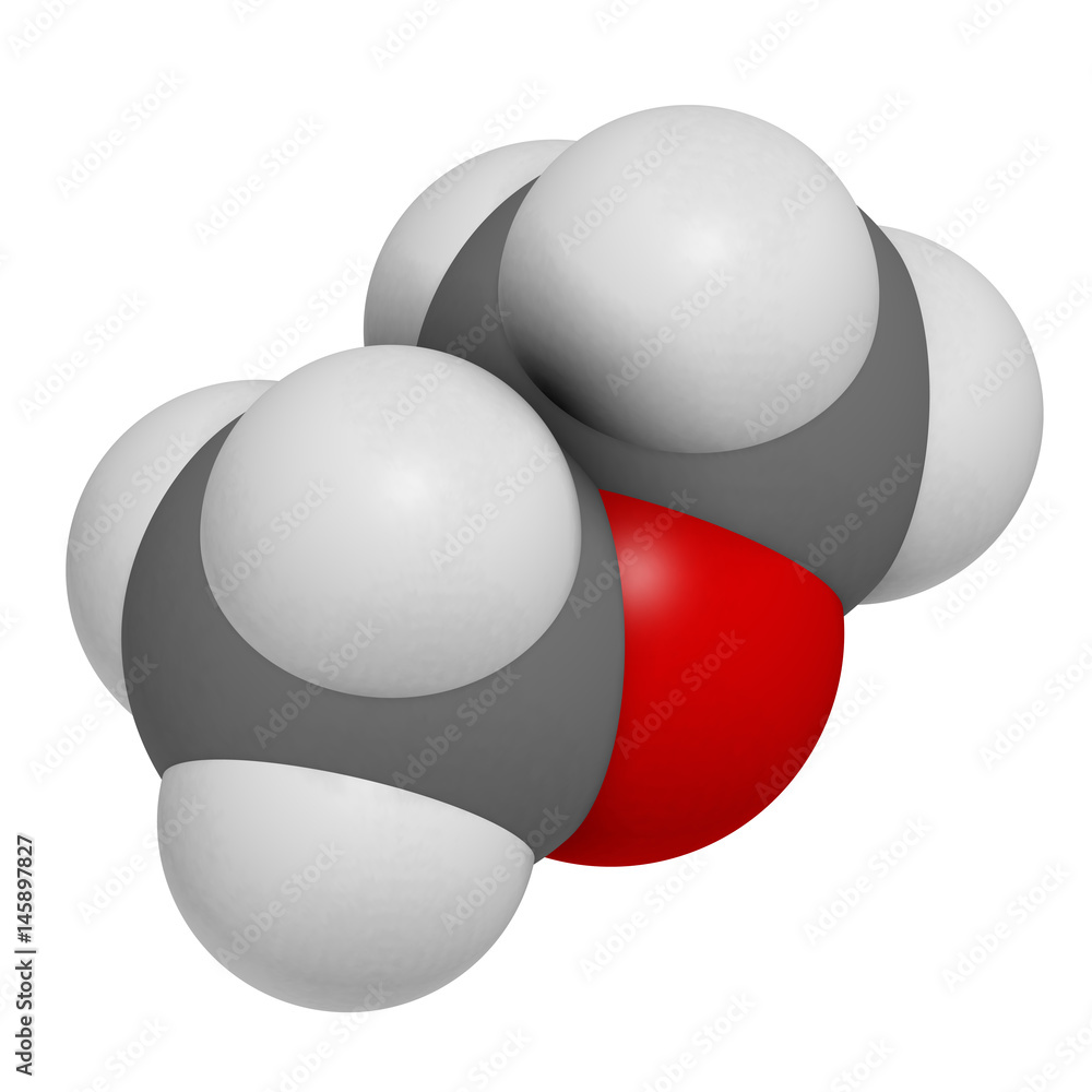 Dimethyl ether (methoxymethane, DME) molecule. 3D rendering. Atoms are ...
