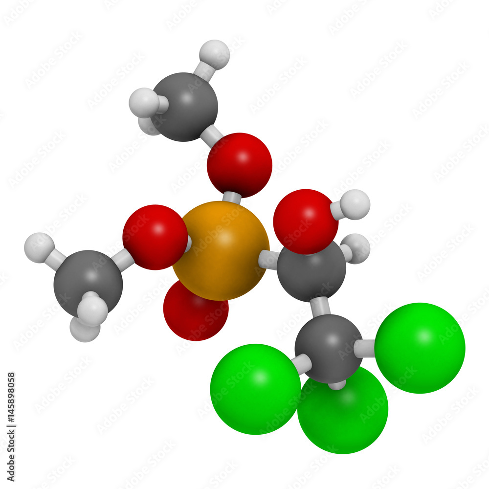 Metrifonate (trichlorfon) insecticide molecule. 3D rendering. Atoms are ...