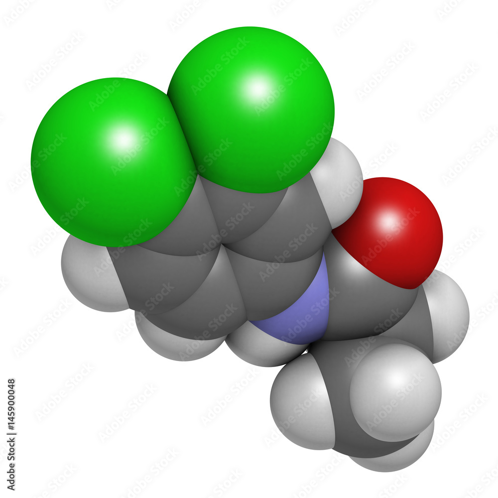 Propanil herbicide molecule. 3D rendering. Atoms are represented as ...