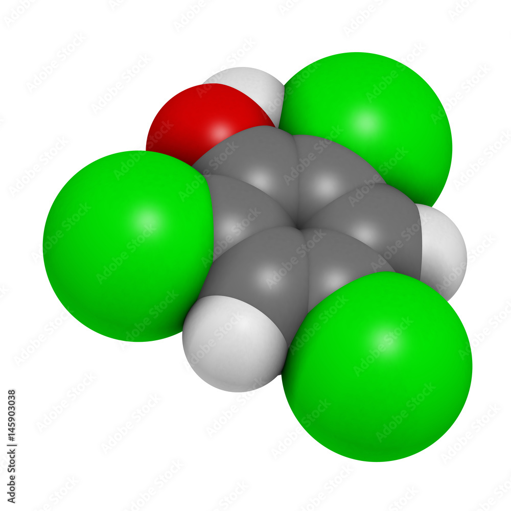Trichlorophenol (TCP, 2,4,6-trichlorophenol) molecule. 3D rendering ...