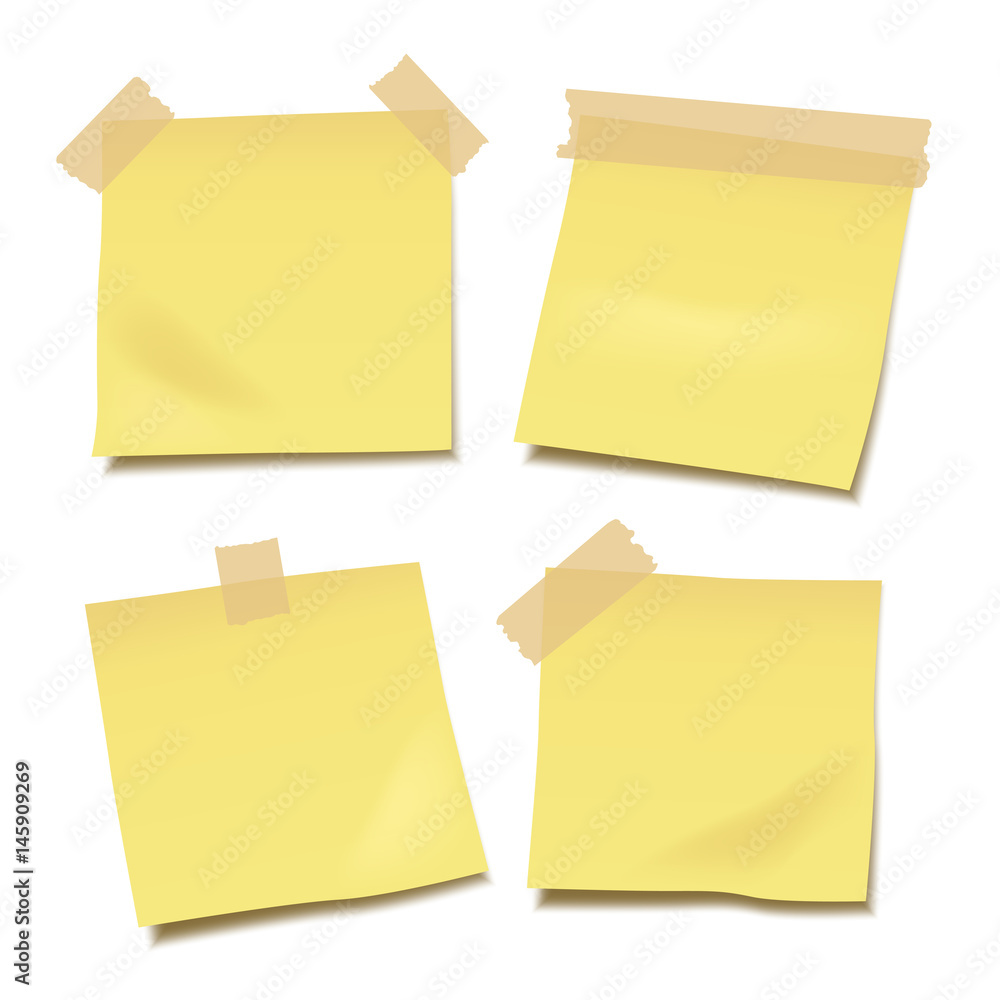 Set of yellow blank vector post-it notes with paper tape isolated on ...