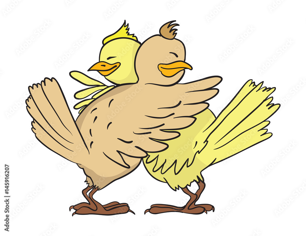 Two cute cartoon birds hug. Vector illustration on white background ...